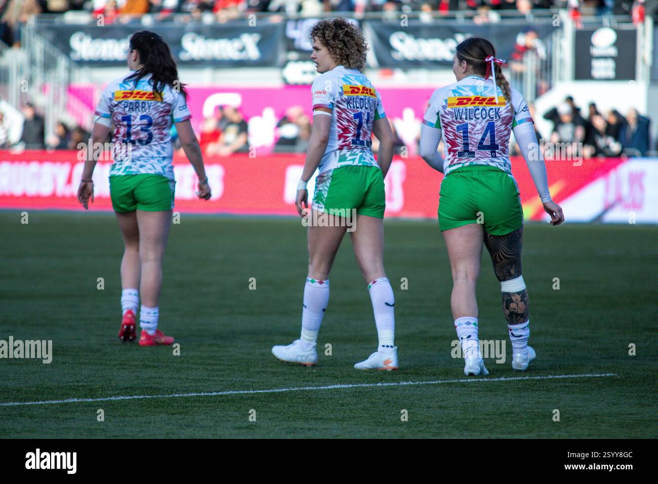 London, UK, 1st March 2025 Harlequins players Sarah Parry, Ellie ...