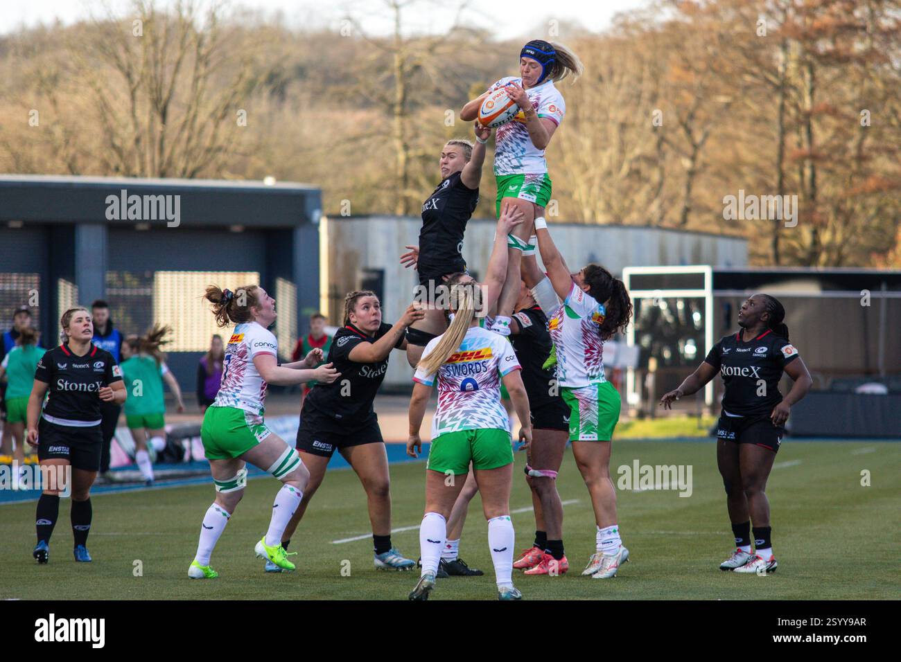 London, UK, 1st March 2025 Harlequins flanker Sarah Bonar wins lineout ...