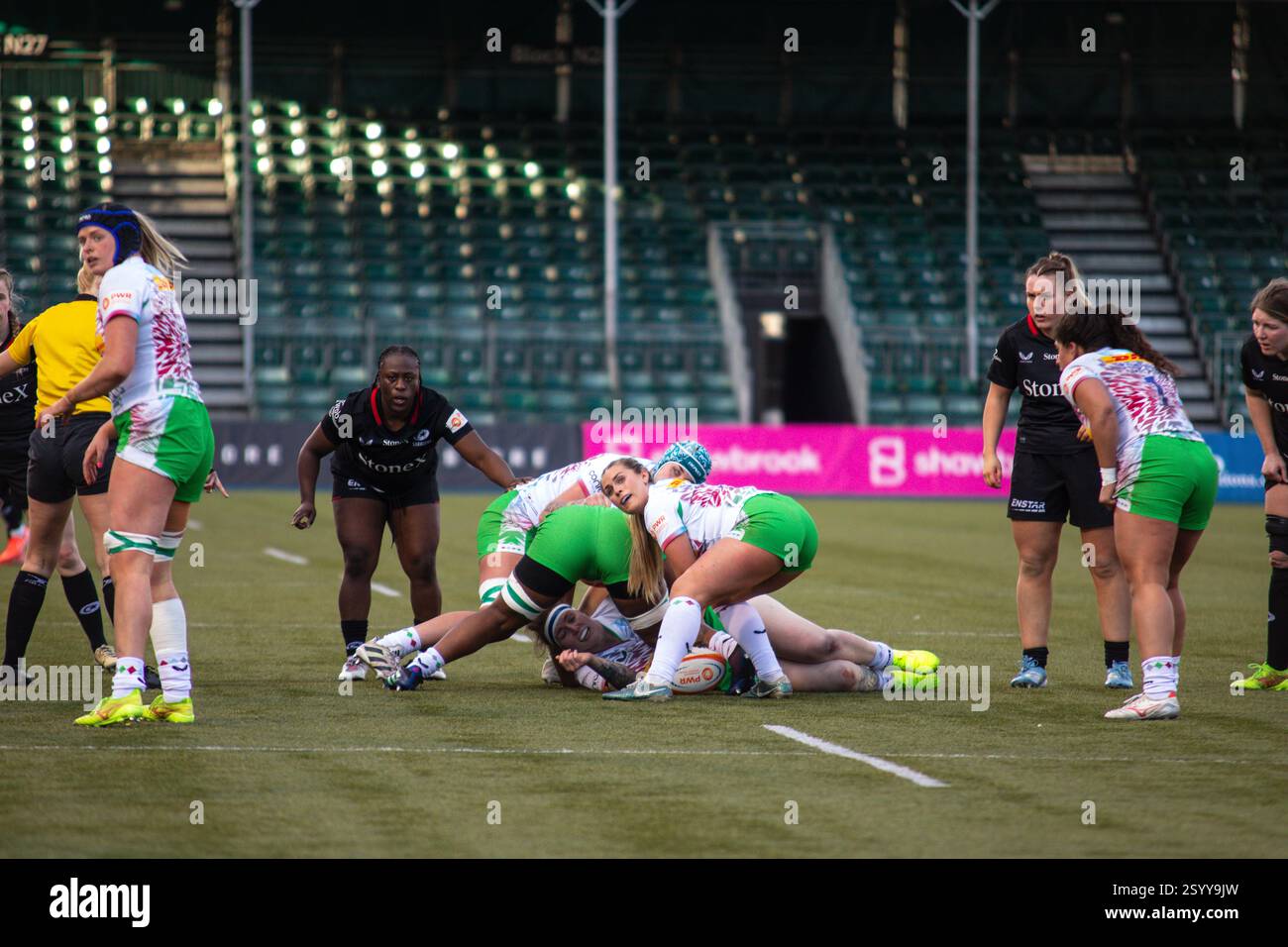 London, UK, 1st March 2025 Harlequins scrum half Emma Swords looks to ...