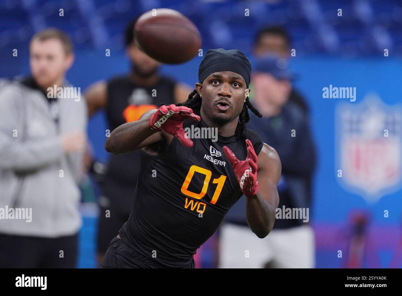Arkansas wide receiver Andrew Armstrong runs a drill at the NFL ...