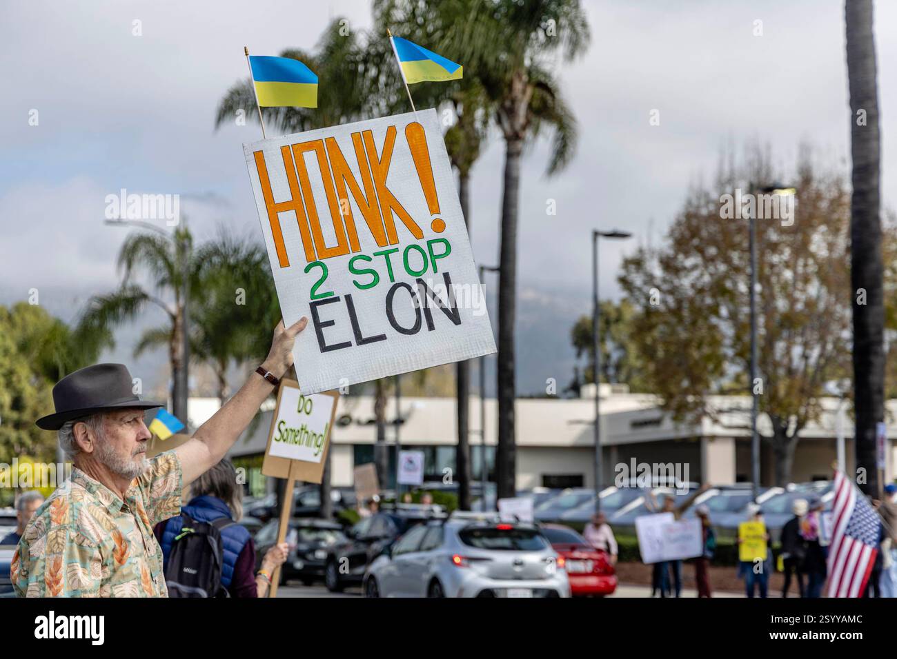 Santa Barbara protesters gather at the Tesla Dealership of Elon Musk in ...
