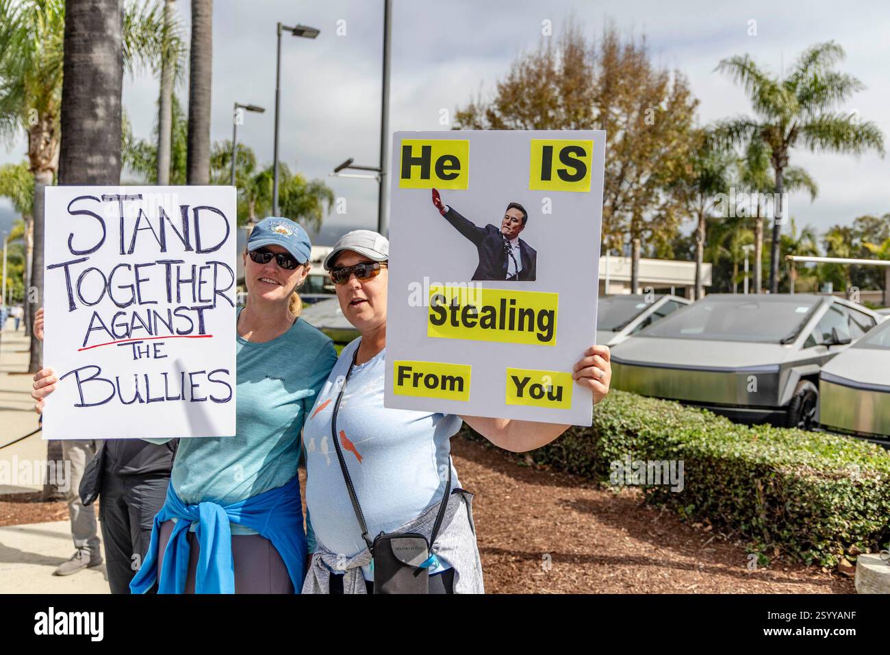 Santa Barbara protesters gather at the Tesla Dealership of Elon Musk in ...