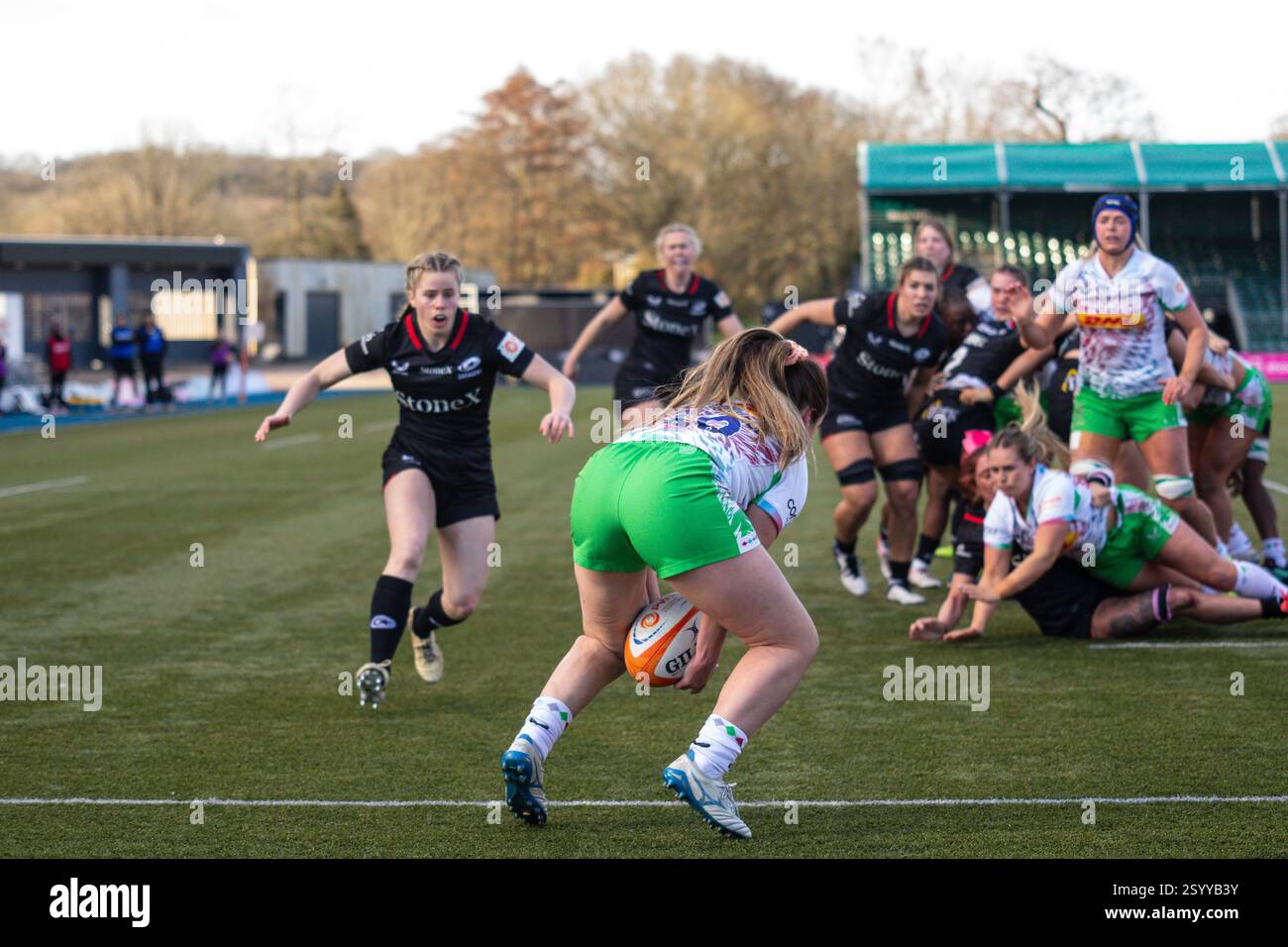 London, UK, 1st March 2025 Harlequins flyhalf Kayleigh Powell catches ...