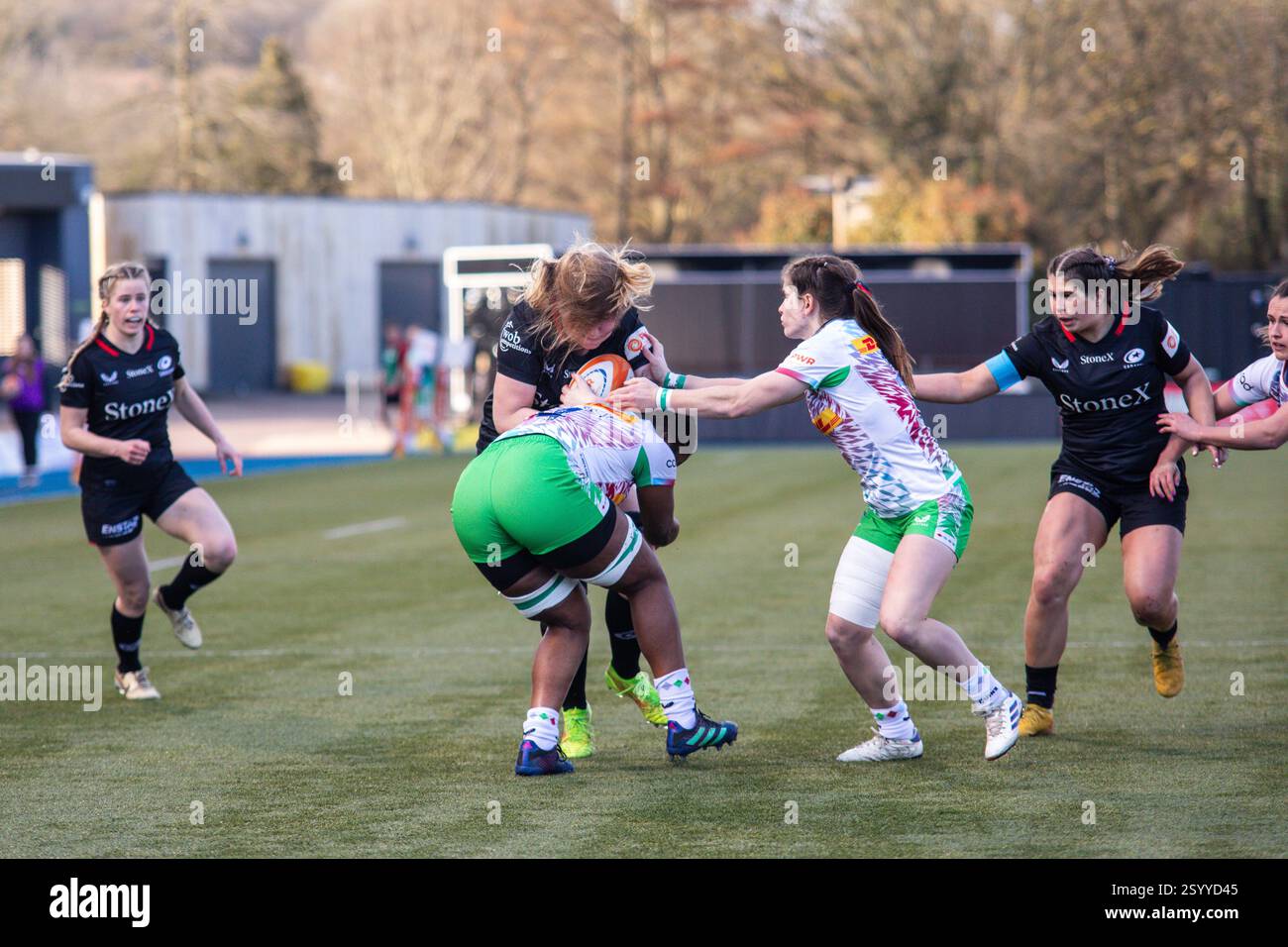 London, UK, 1st March 2025 Saracens number 8 Poppy Cleall receives a ...