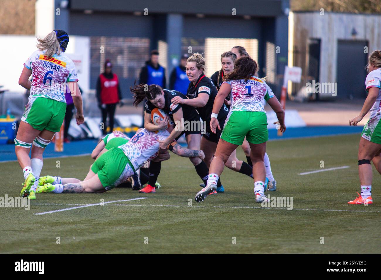 London, UK, 1st March 2025 Saracens wing Alysha Corrigan is tackled by ...