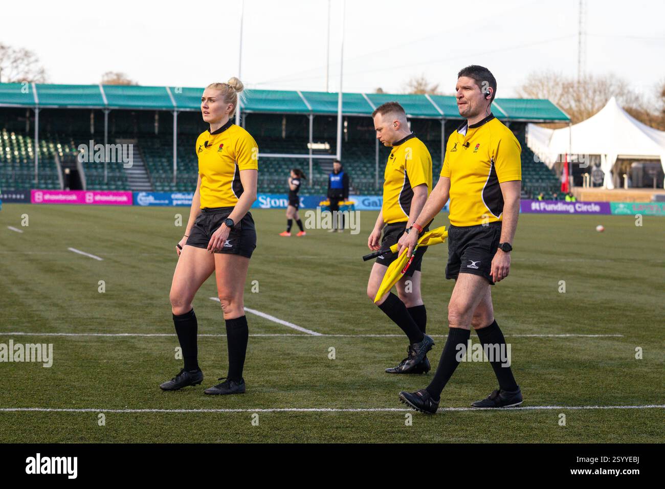 London, UK, 1st March 2025 Referee Holly Wood and assistant referees ...