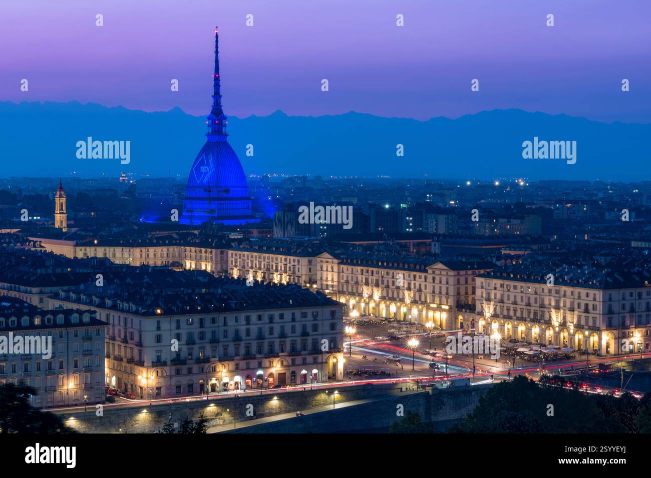 Torino view with the iconic Mole Antonelliana and the Intesa Sanpaolo ...