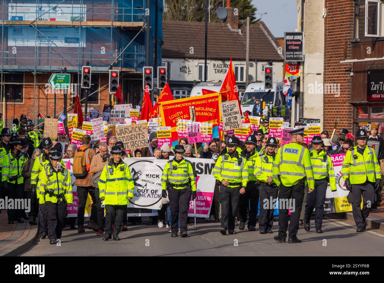 Nuneaton, UK. 01 MAR, 2025. Counter protest march towards main protest ...