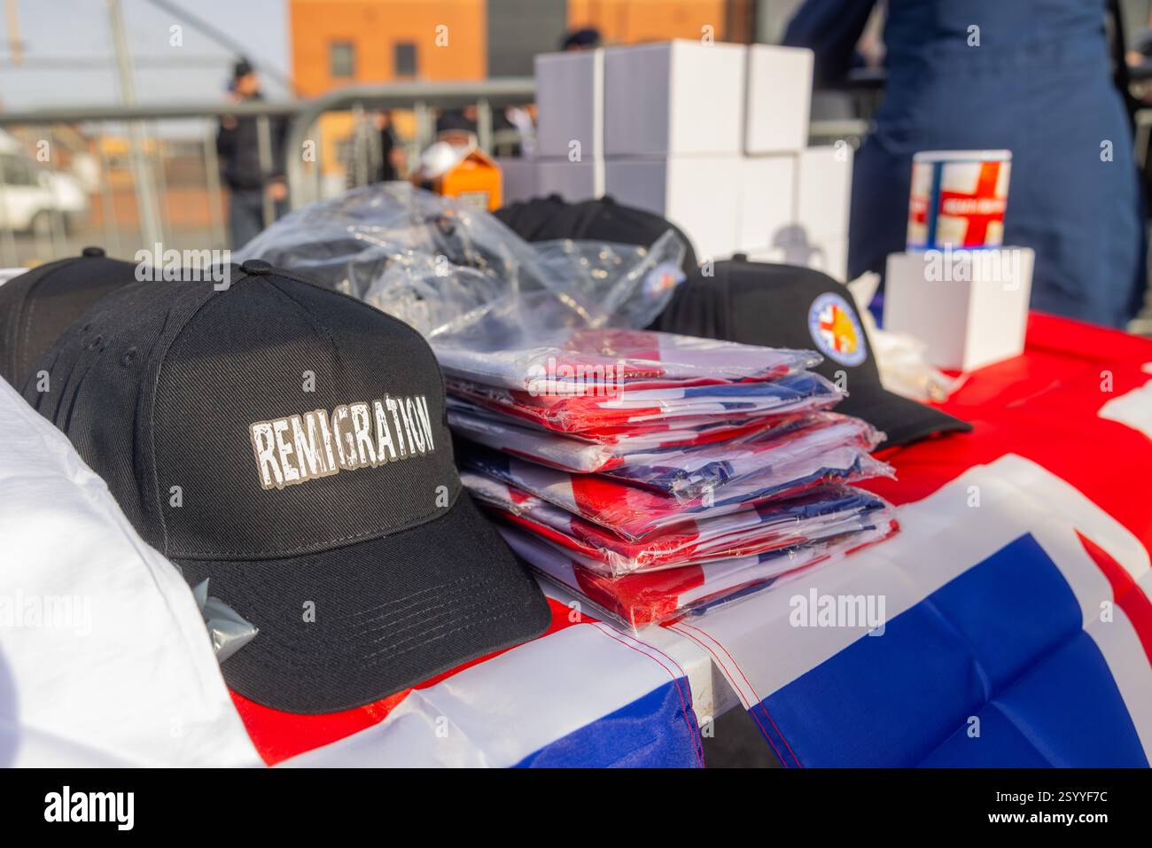 Nuneaton, UK. 01 MAR, 2025. Remigration hat along with other ...