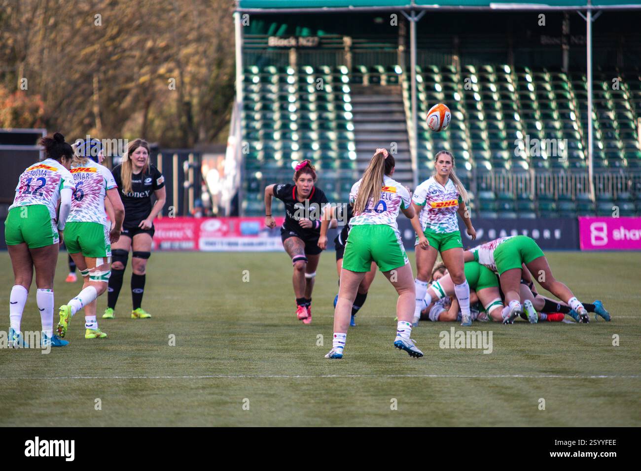 London, UK, 1st March 2025 Harlequins scrum half Emma Swords passes ...