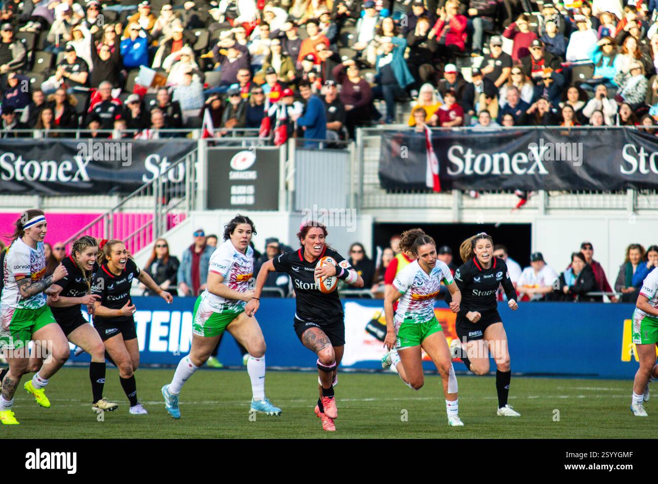 London, UK, 1st March 2025 Saracens flanker Georgia Evans attacks ...