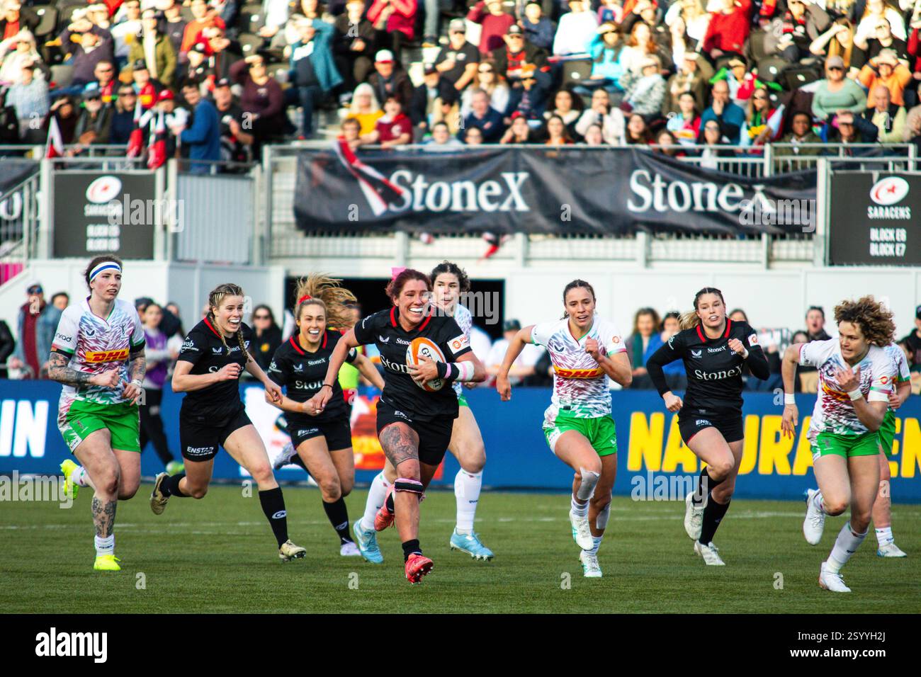London, UK, 1st March 2025 Saracens flanker Georgia Evans attacks ...