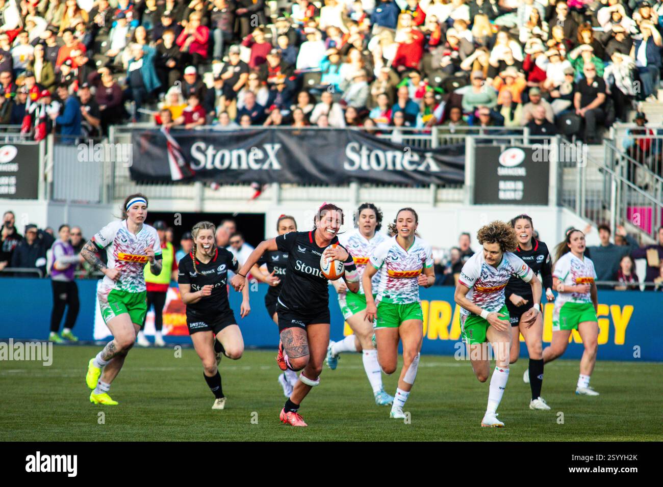 London, UK, 1st March 2025 Saracens flanker Georgia Evans attacks ...