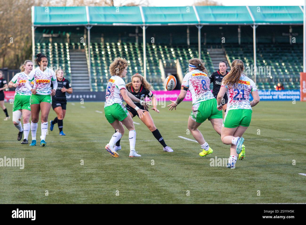 London, UK, 1st March 2025 Harlequins fullback Ellie Kildunne passes to ...