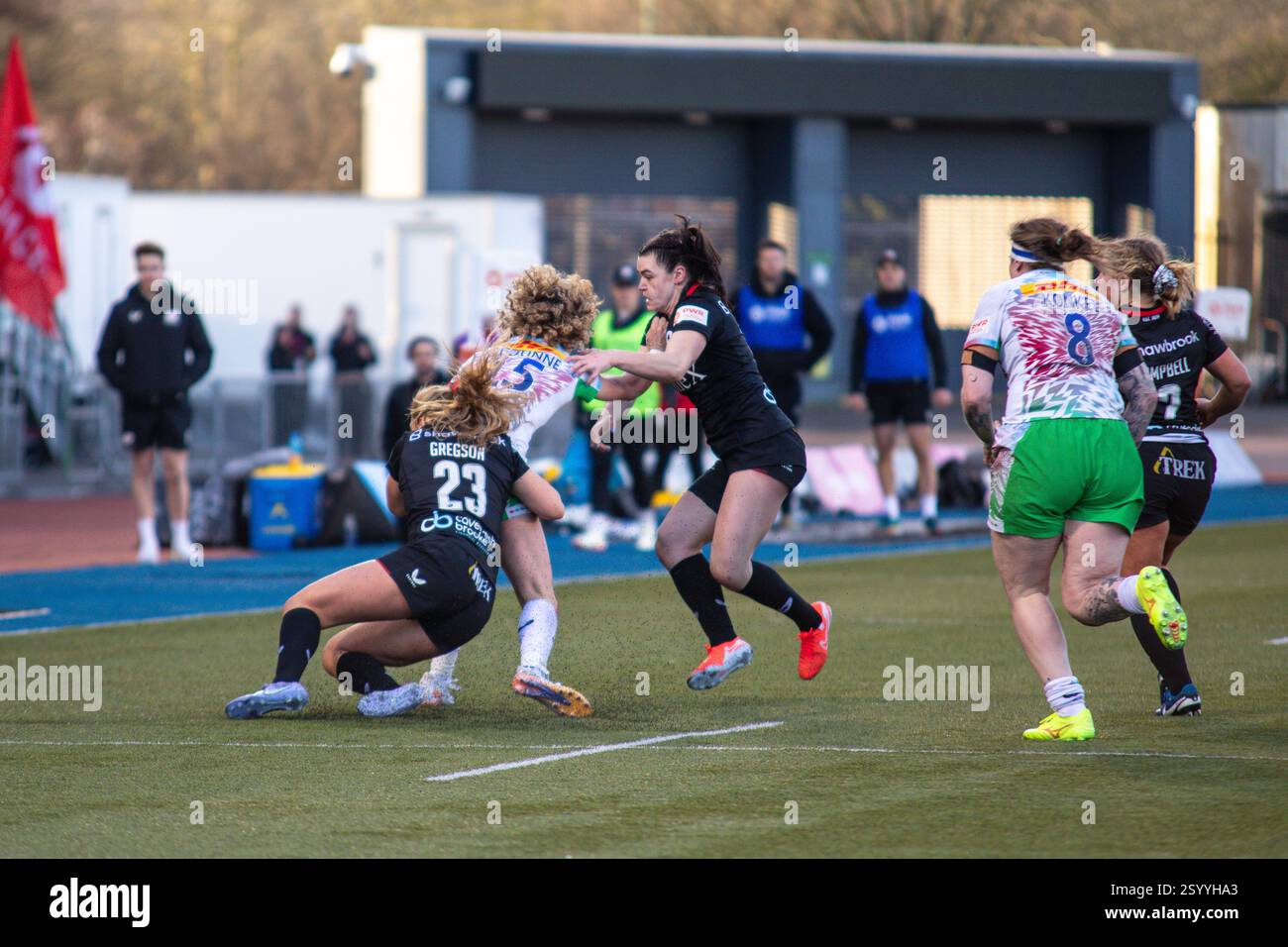 London, UK, 1st March 2025 Saracens players Sydney Gregson (23) and ...