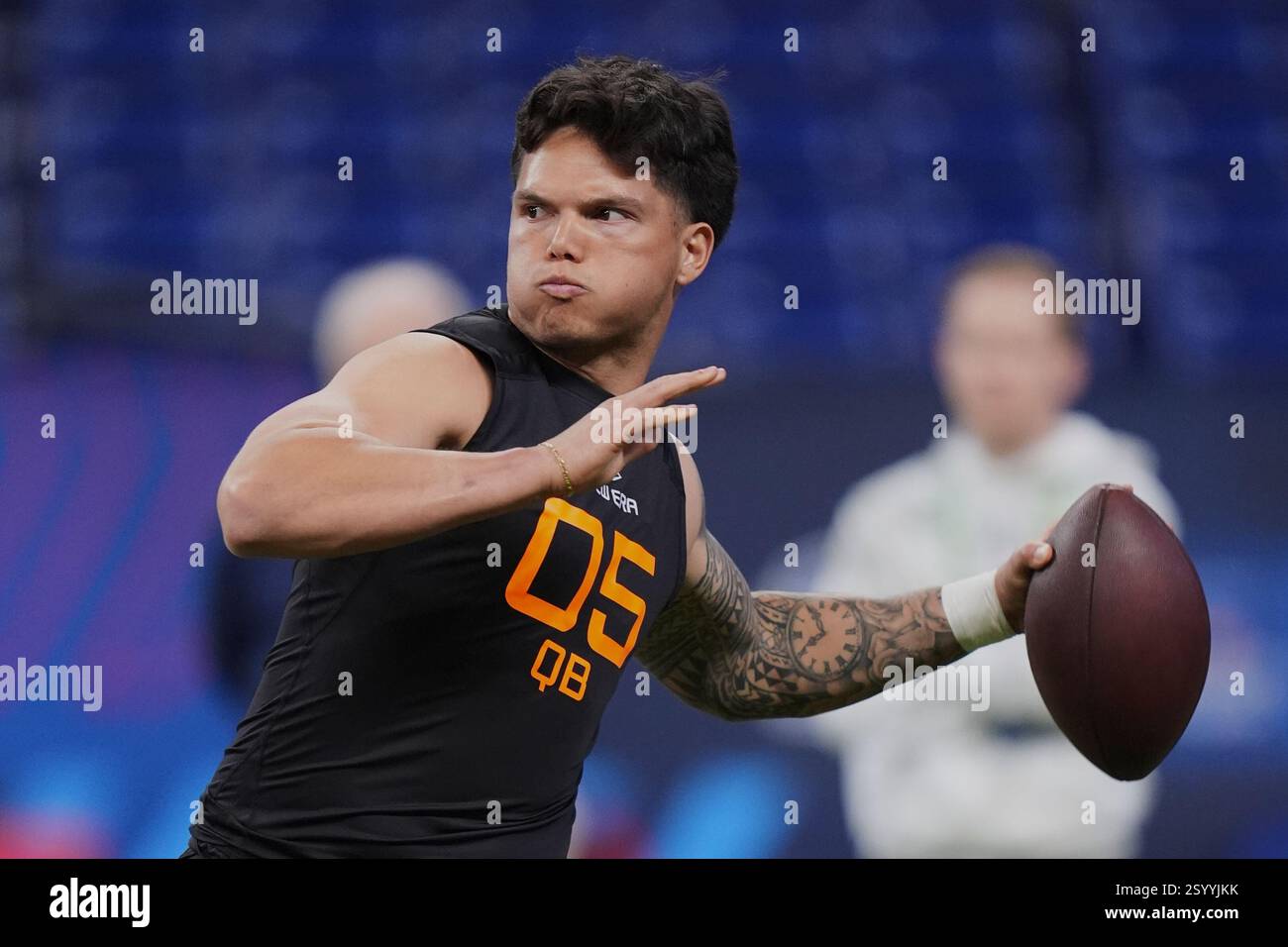 Oregon quarterback Dillon Gabriel runs a drill at the NFL football ...