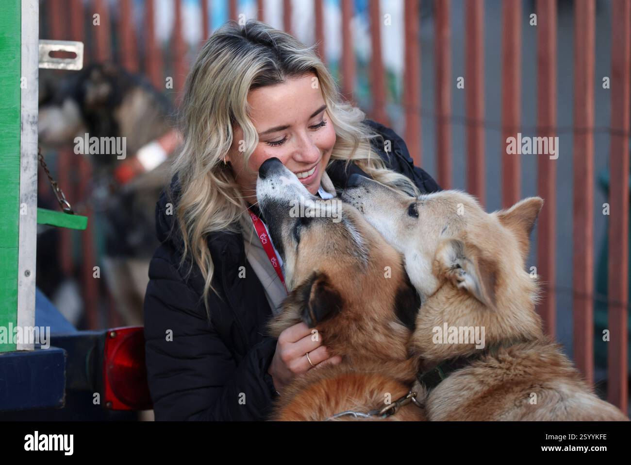 Stephanie Jones, of San Diego, Calif., visits with sled dogs on the ...