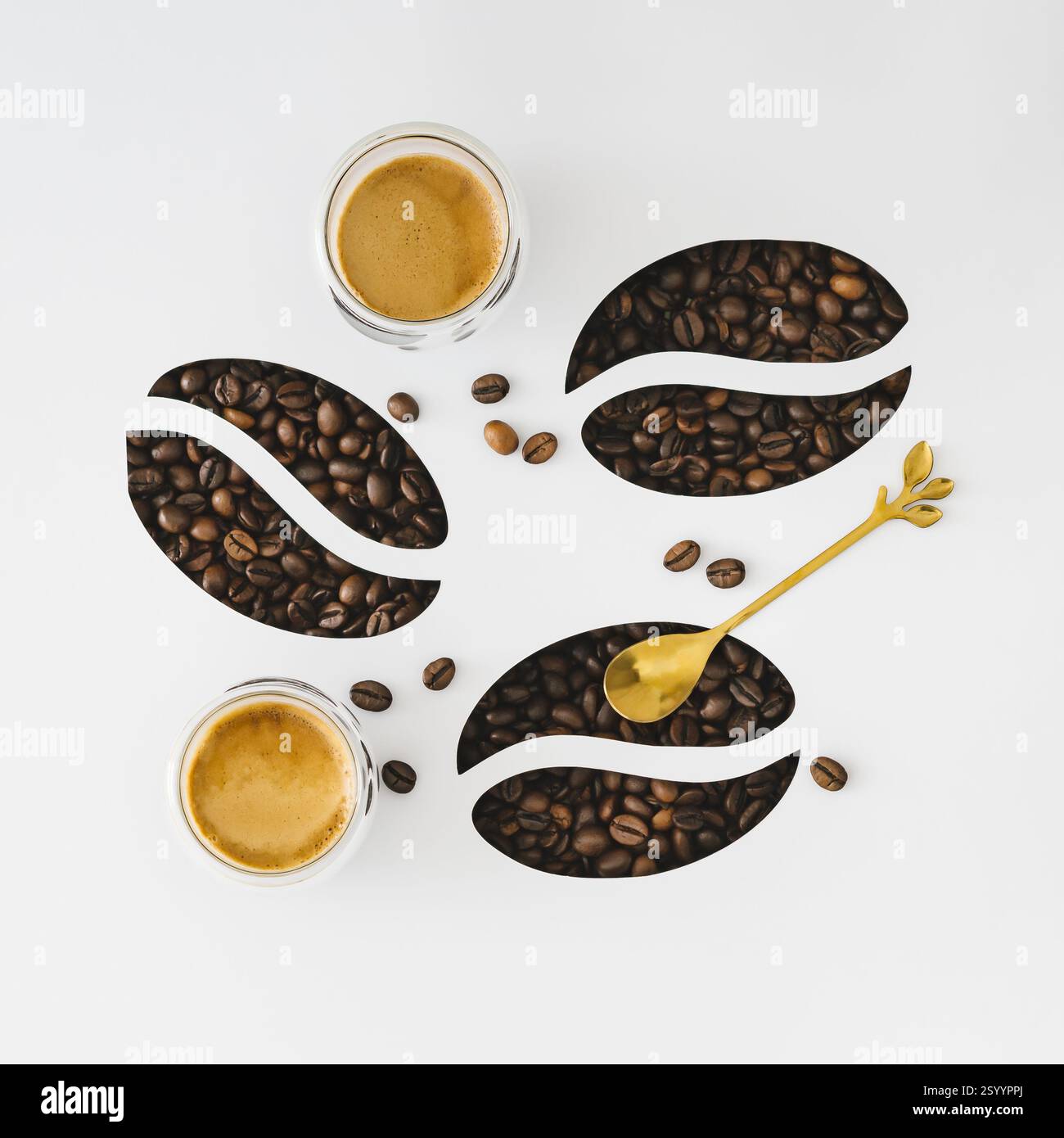 Creative layout made with coffee beans visible through a coffee beans ...