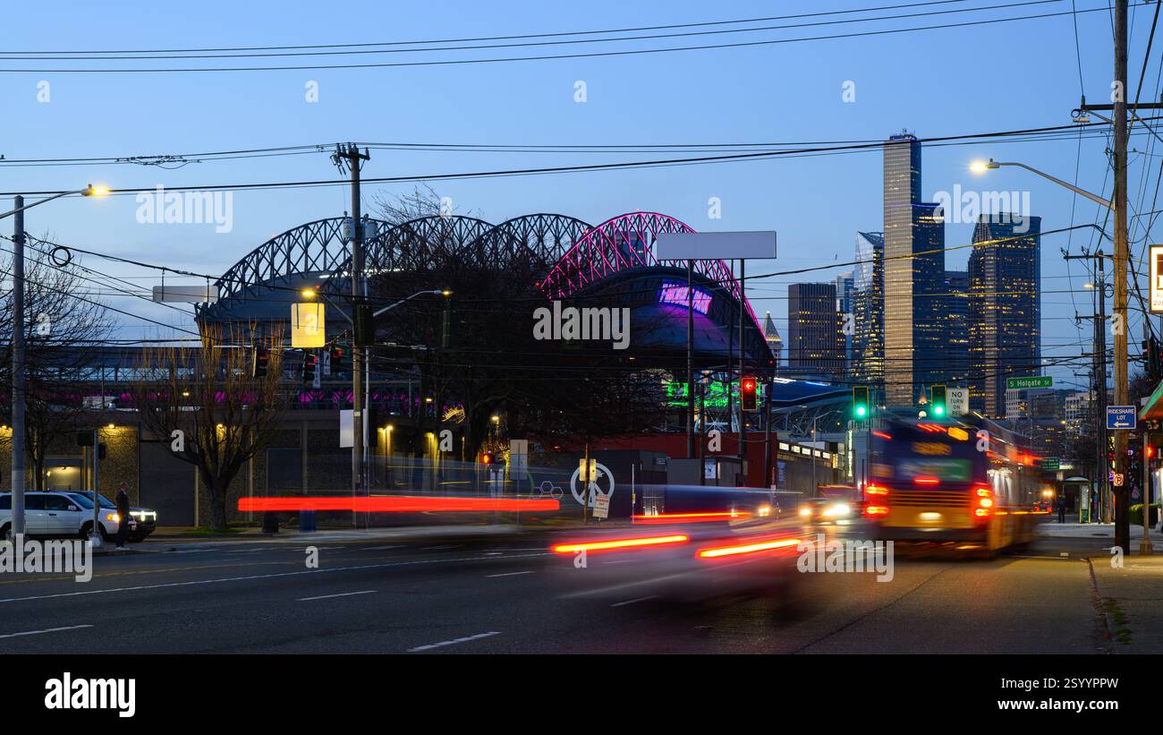 Seattle - February 28, 2025; Night view of Seattle cityscape with T ...