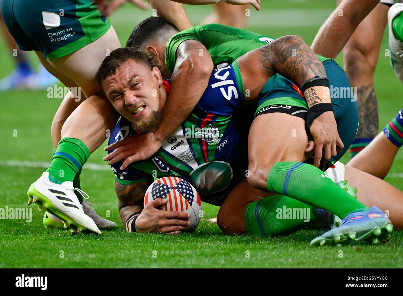 New Zealand Warriors James Fisher-Harris reacts as he is tackled during ...