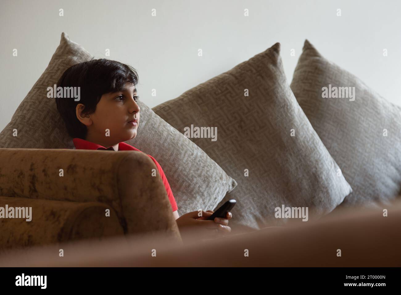 Young boy watching TV while sitting of sofa in living room Stock Photo ...
