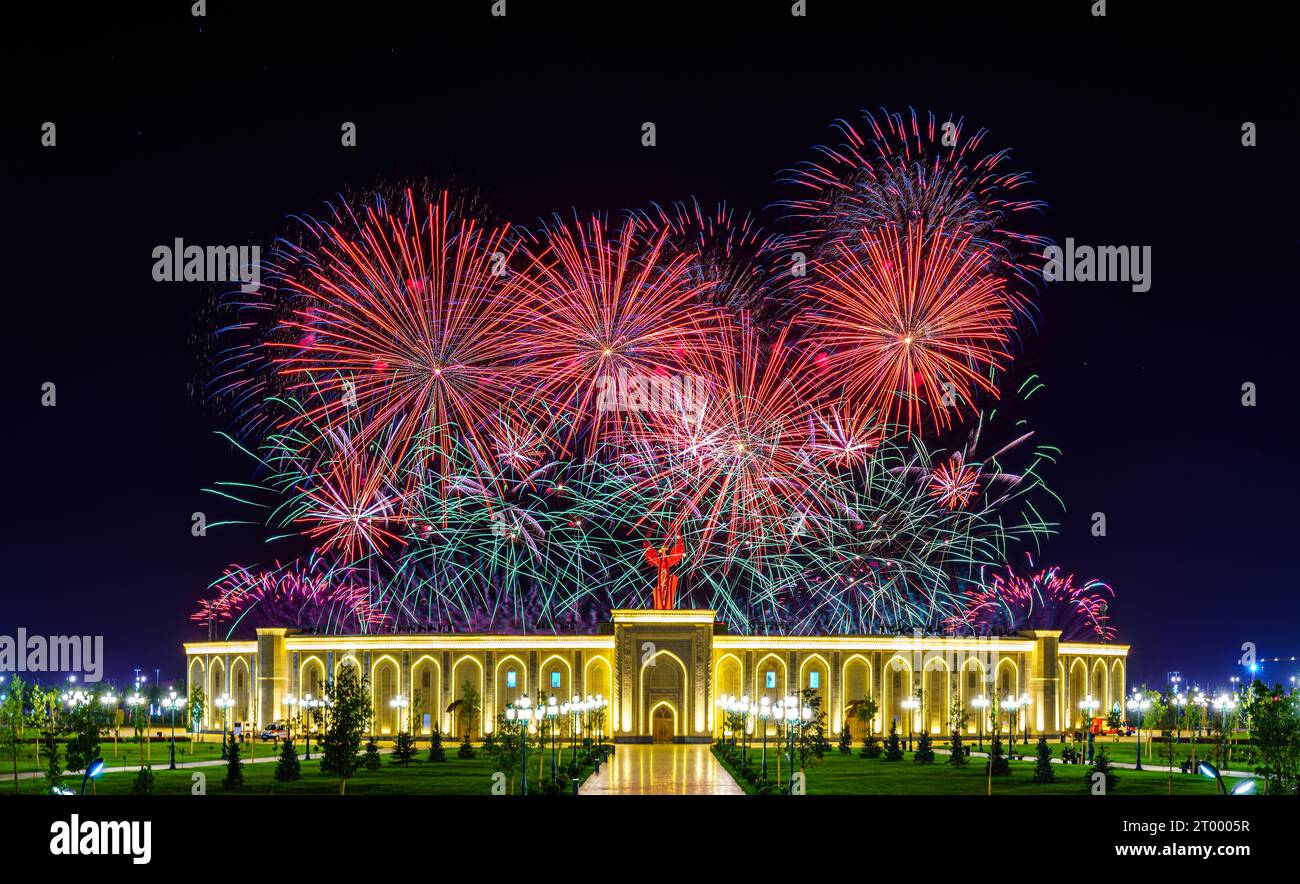 Uzbekistan, Tashkent - September 1, 2023: Multi-colored fireworks over ...