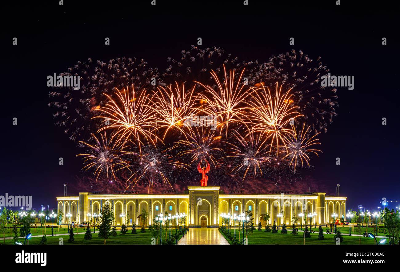 Uzbekistan, Tashkent - September 1, 2023: Multi-colored fireworks over ...