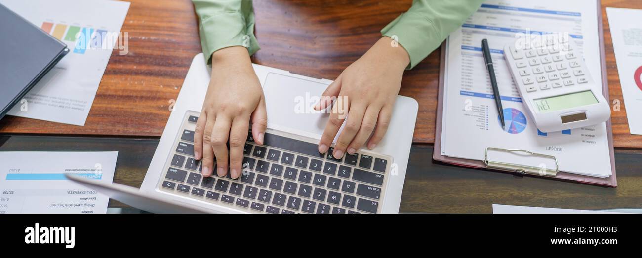 Business woman working in green eco friendly modern working space ...