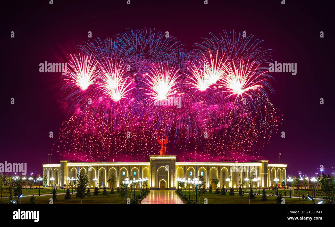 Uzbekistan, Tashkent - September 1, 2023: Multi-colored fireworks over ...