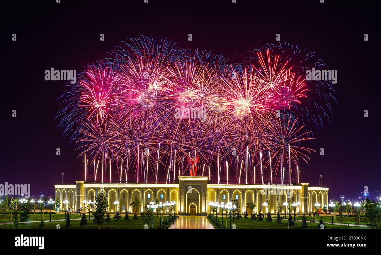 Uzbekistan, Tashkent - September 1, 2023: Multi-colored fireworks over ...