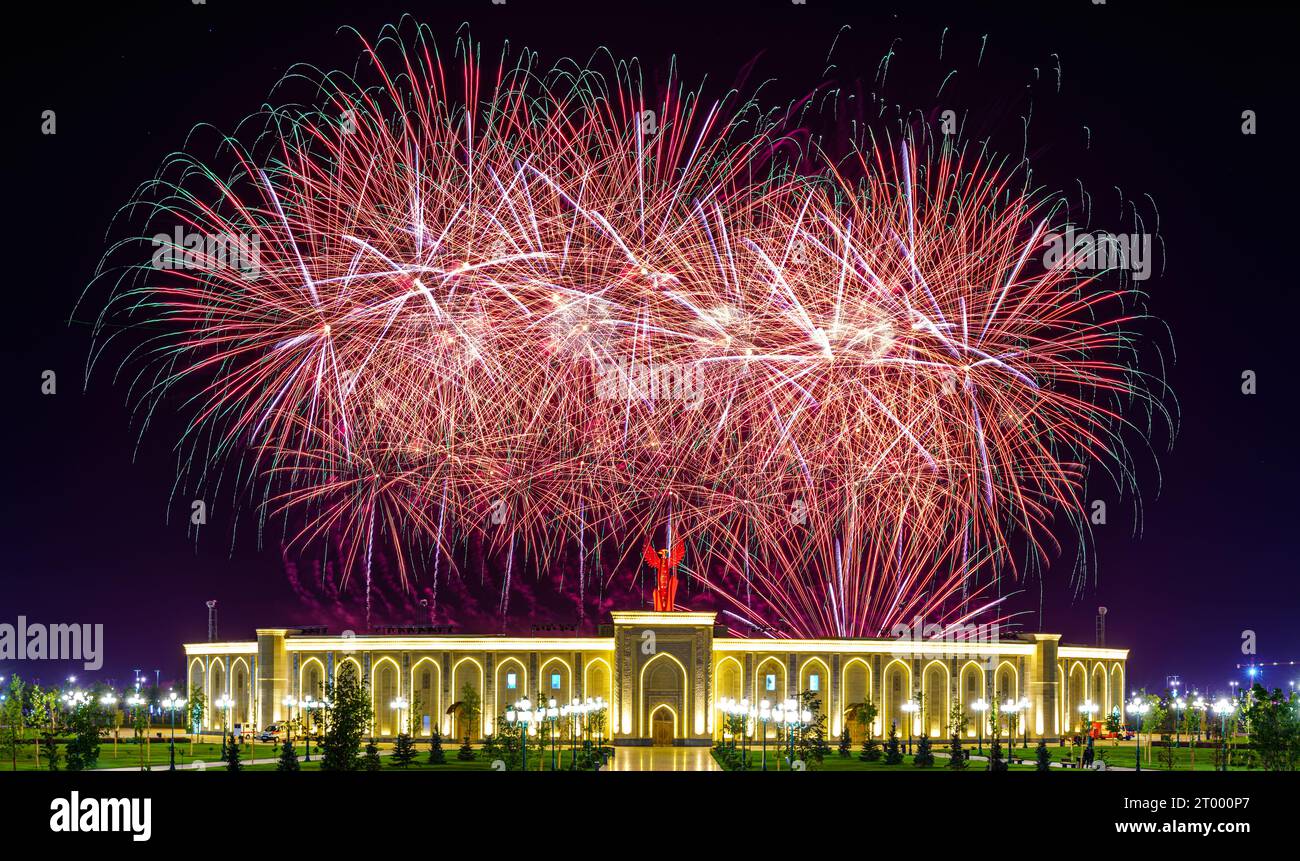 Uzbekistan, Tashkent - September 1, 2023: Multi-colored fireworks over ...