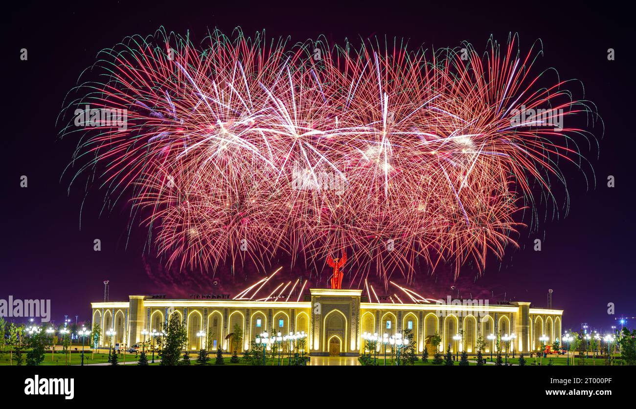 Uzbekistan, Tashkent - September 1, 2023: Multi-colored fireworks over ...