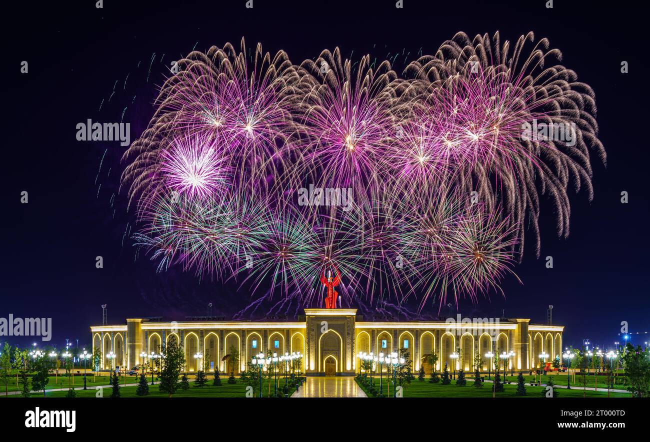 Uzbekistan, Tashkent - September 1, 2023: Multi-colored fireworks over ...