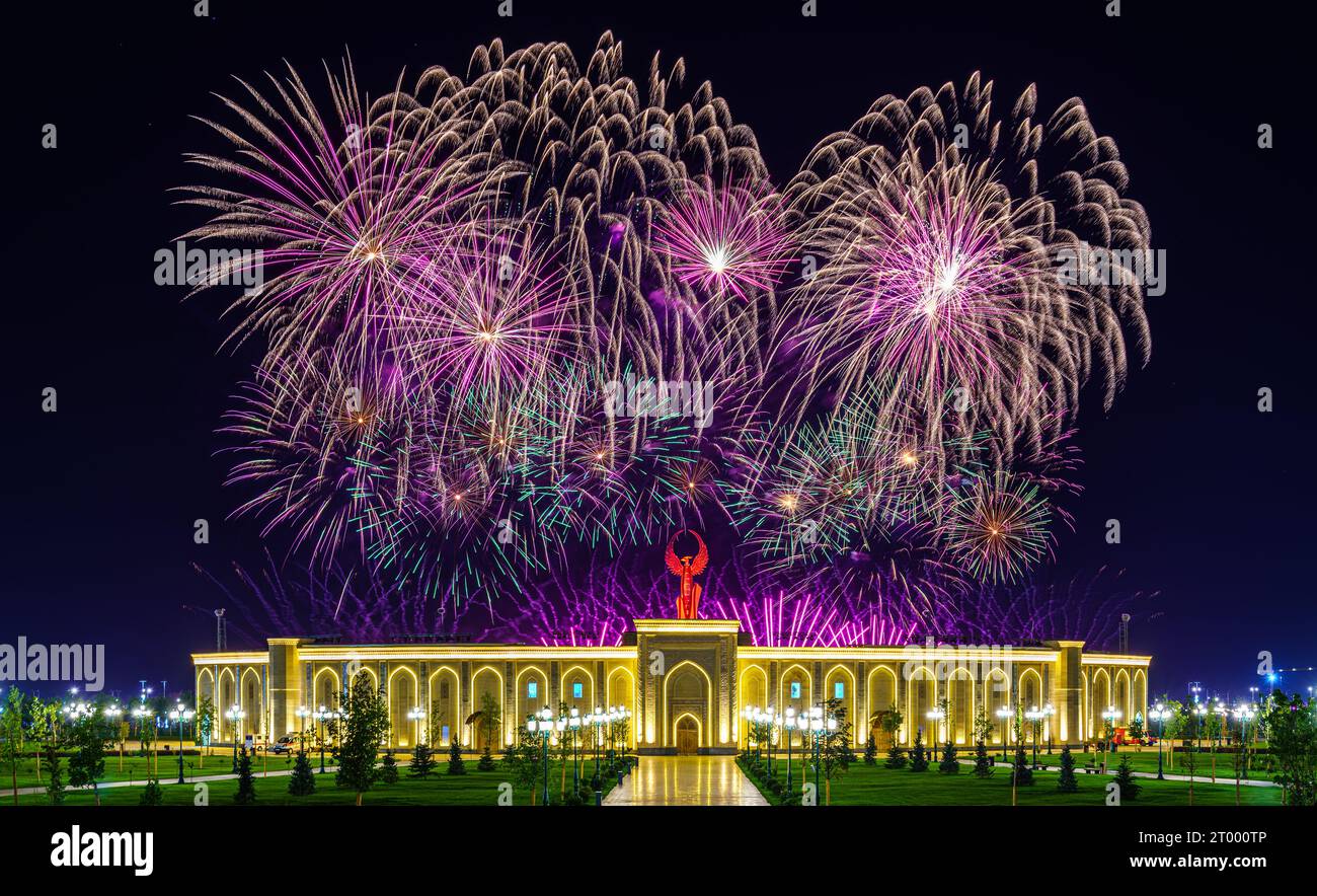 Uzbekistan, Tashkent - September 1, 2023: Multi-colored fireworks over ...