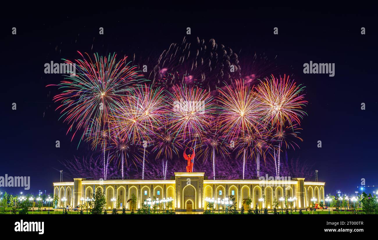 Uzbekistan, Tashkent - September 1, 2023: Multi-colored fireworks over ...