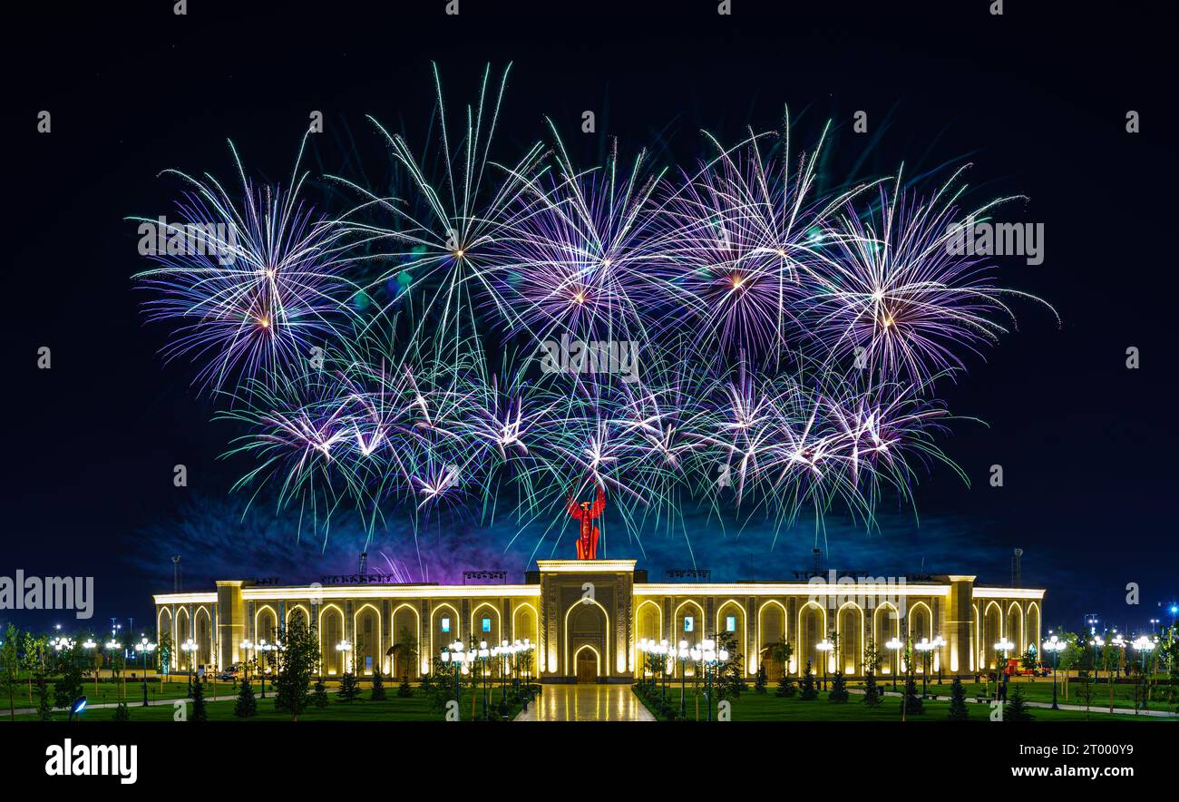 Uzbekistan, Tashkent - September 1, 2023: Multi-colored fireworks over ...