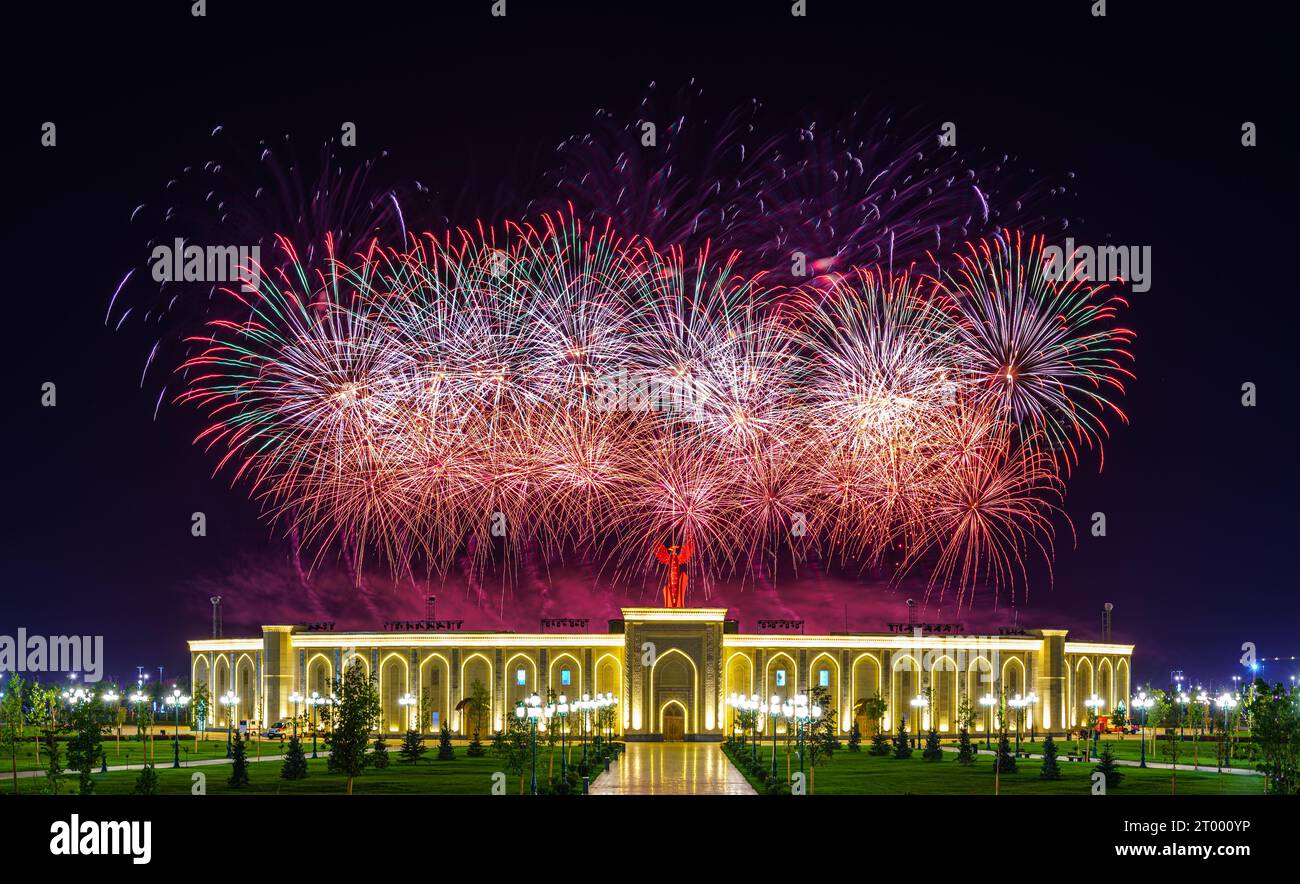 Uzbekistan, Tashkent - September 1, 2023: Multi-colored fireworks over ...