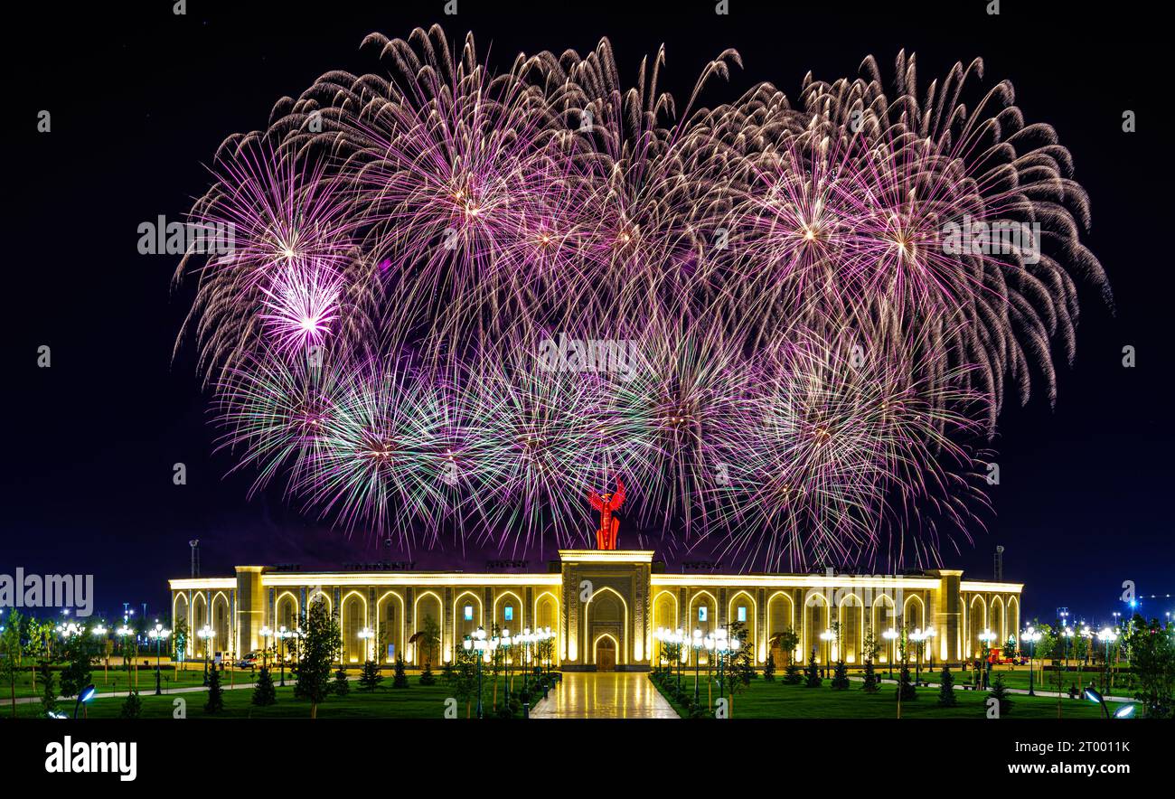 Uzbekistan, Tashkent - September 1, 2023: Multi-colored fireworks over ...