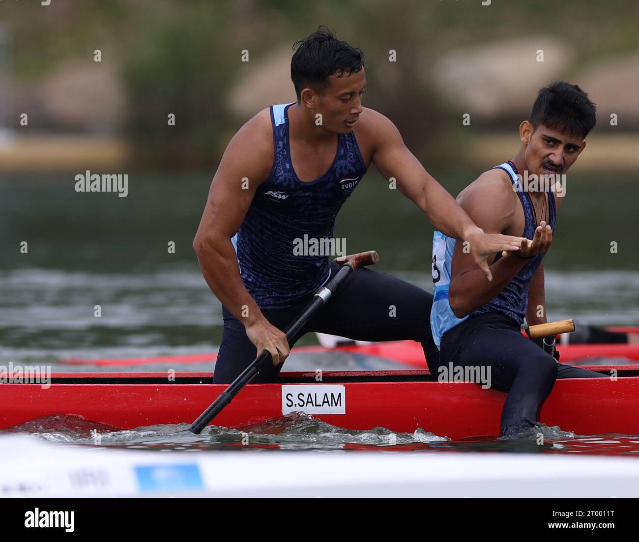Hangzhou, China's Zhejiang Province. 3rd Oct, 2023. Sunil Singh Salam(L)/Arjun Singh of India ...