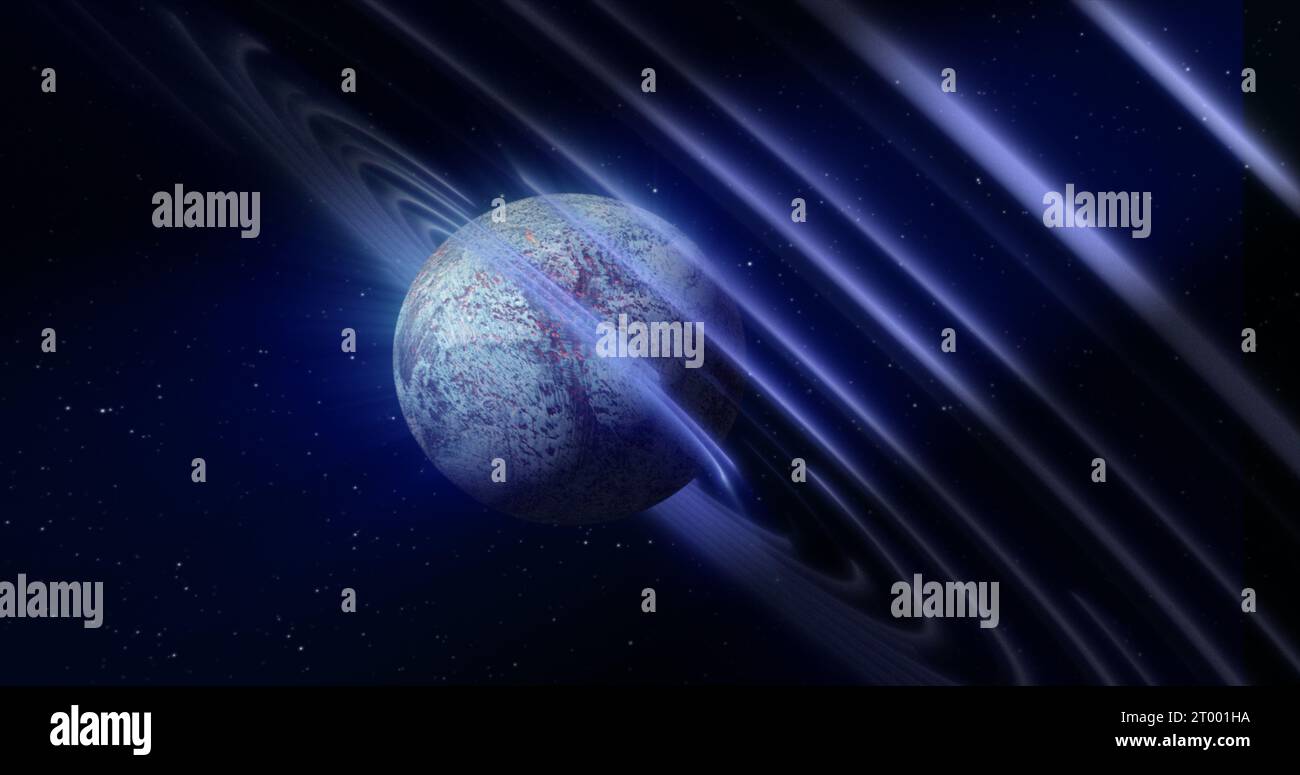 Abstract blue space planet with a round asteroid belt ring futuristic ...