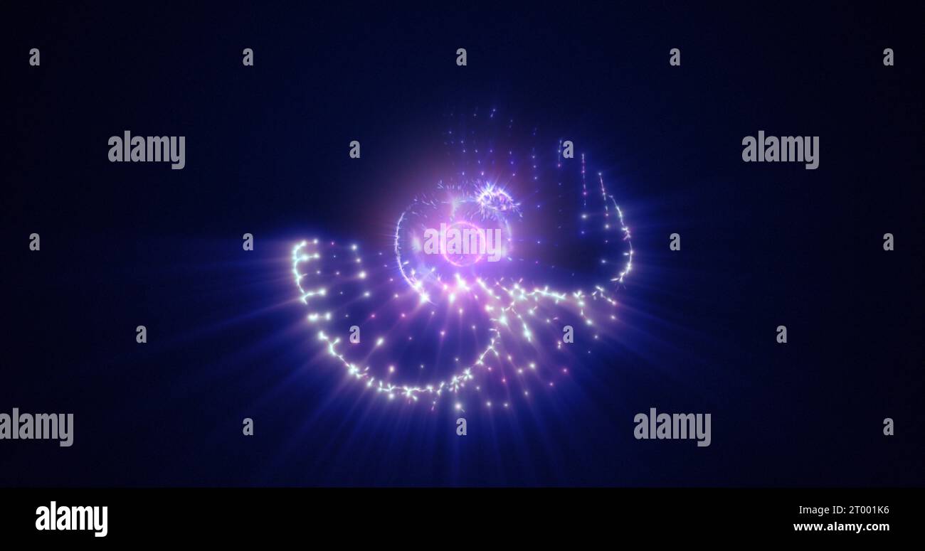 Abstract purple energy sphere with flying glowing bright particles ...