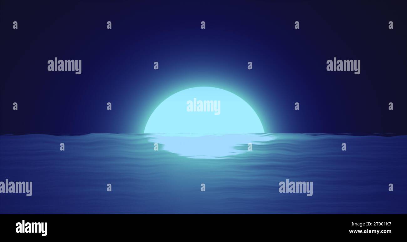 Abstract blue moon over water sea and horizon with reflections ...