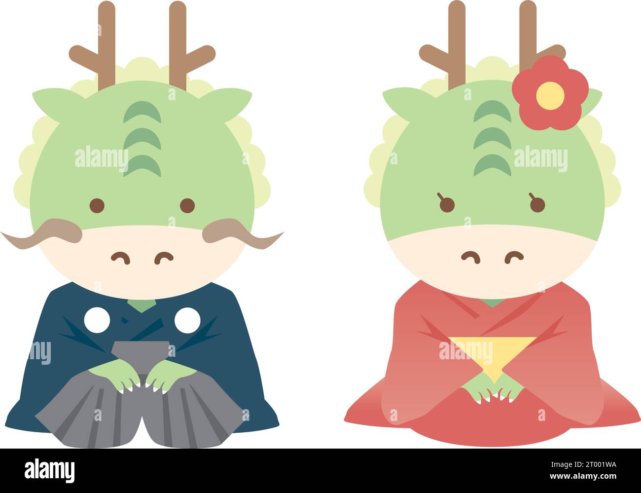 Two dragons wearing kimono and sitting seiza. New Year's card material for the Year of the ...