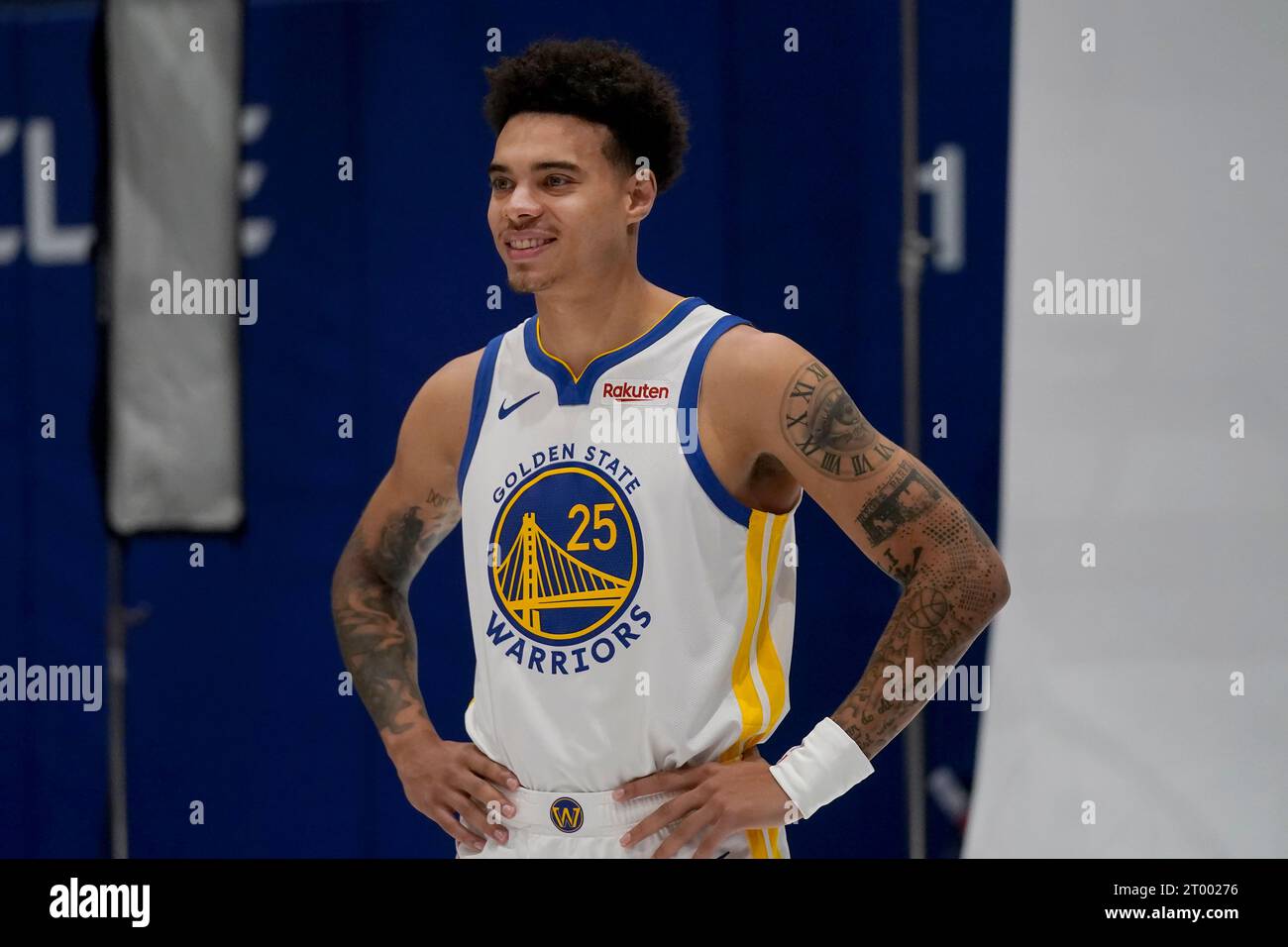 Golden State Warriors' Lester Quinones poses for photos during the NBA ...
