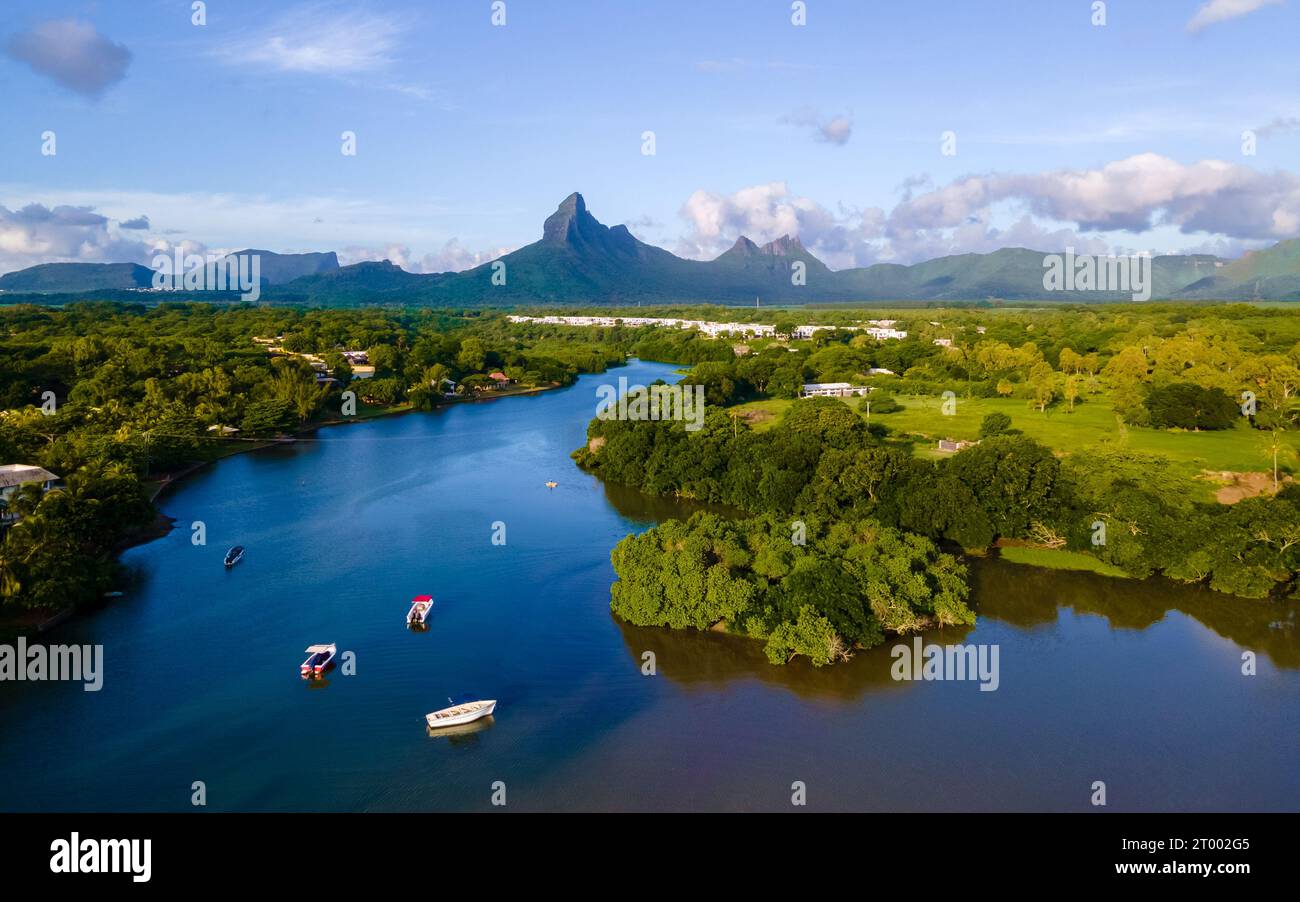 Fishing boats resting at tamarin bay, Mauritius island, indian ocean ...