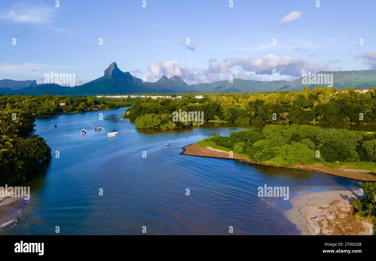 Fishing boats resting at tamarin bay, Mauritius island, indian ocean ...