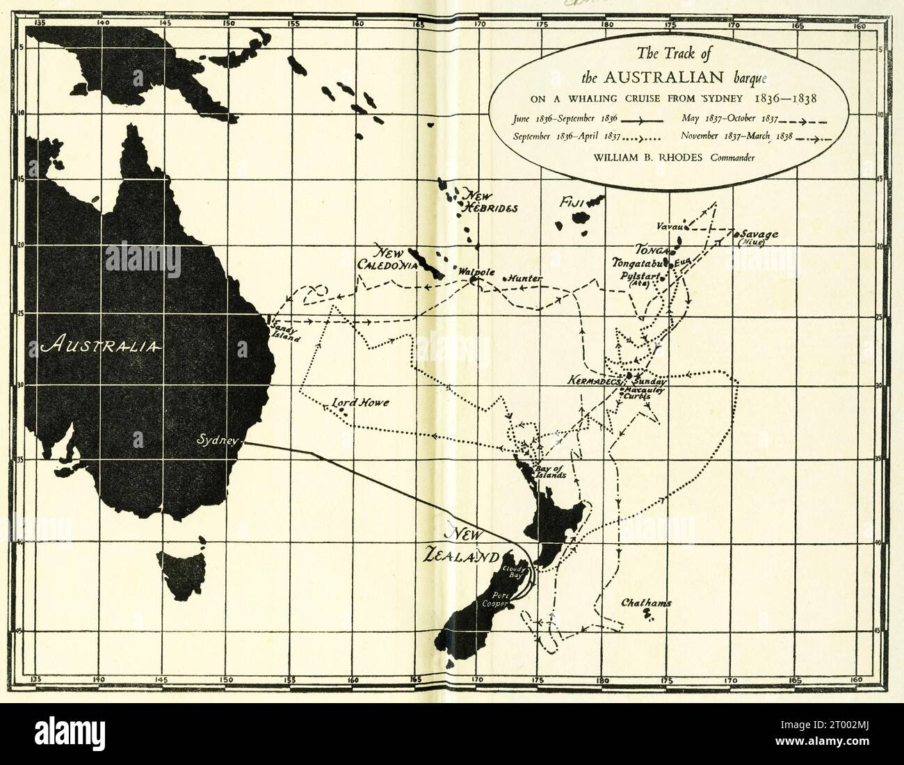 Map of the journey of the whaling barque Australian from 1836 to 1838 ...