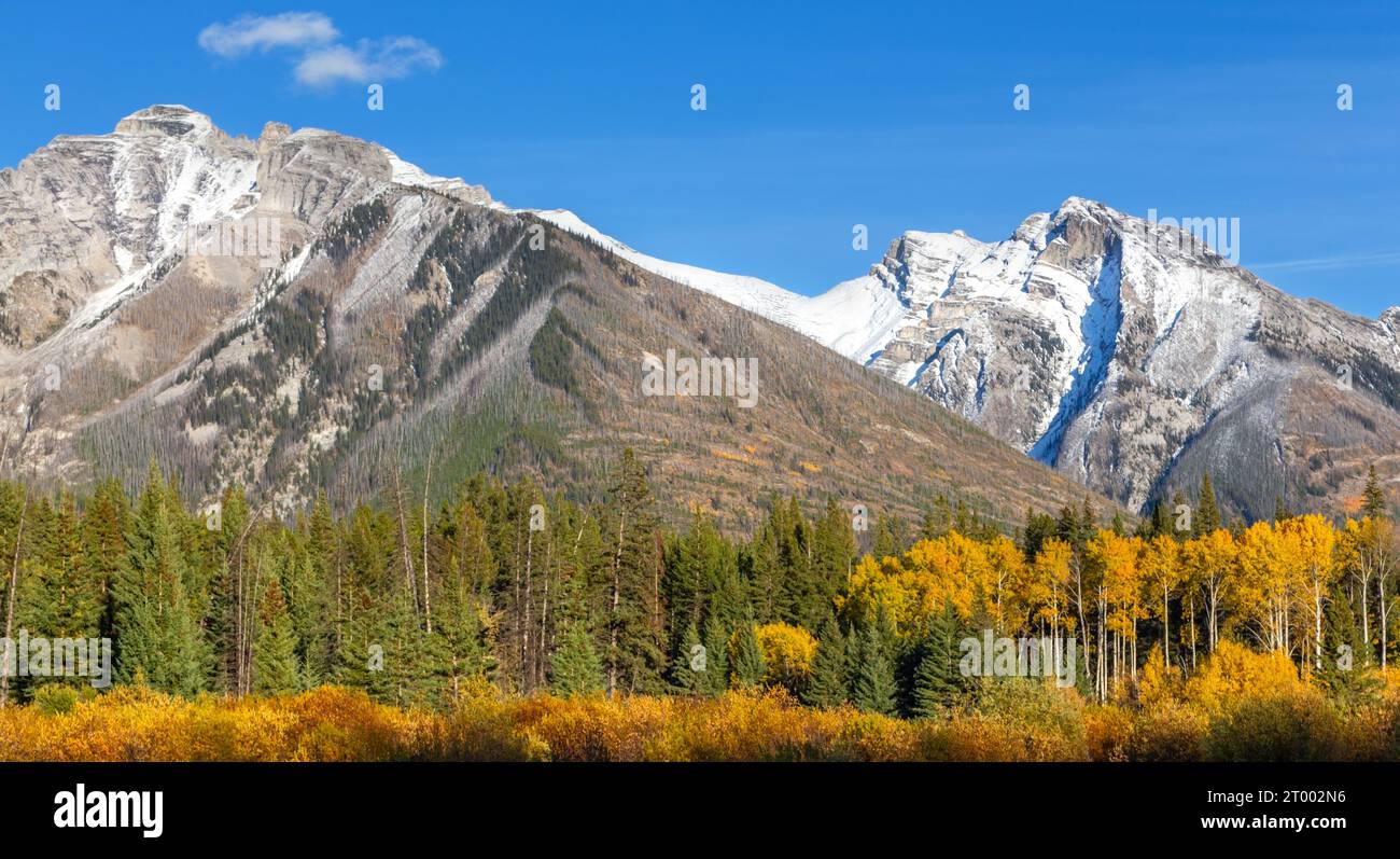 Scenic Autumn Color Change Landscape, Snow Covered Mountain Peaks, Blue ...