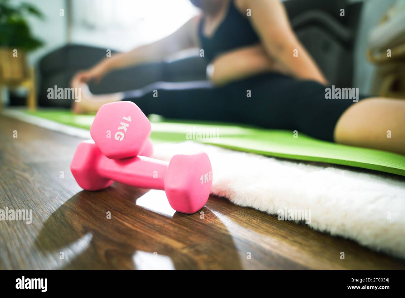 Overweight woman exercising for weight loss. exercise with dumbbells in ...