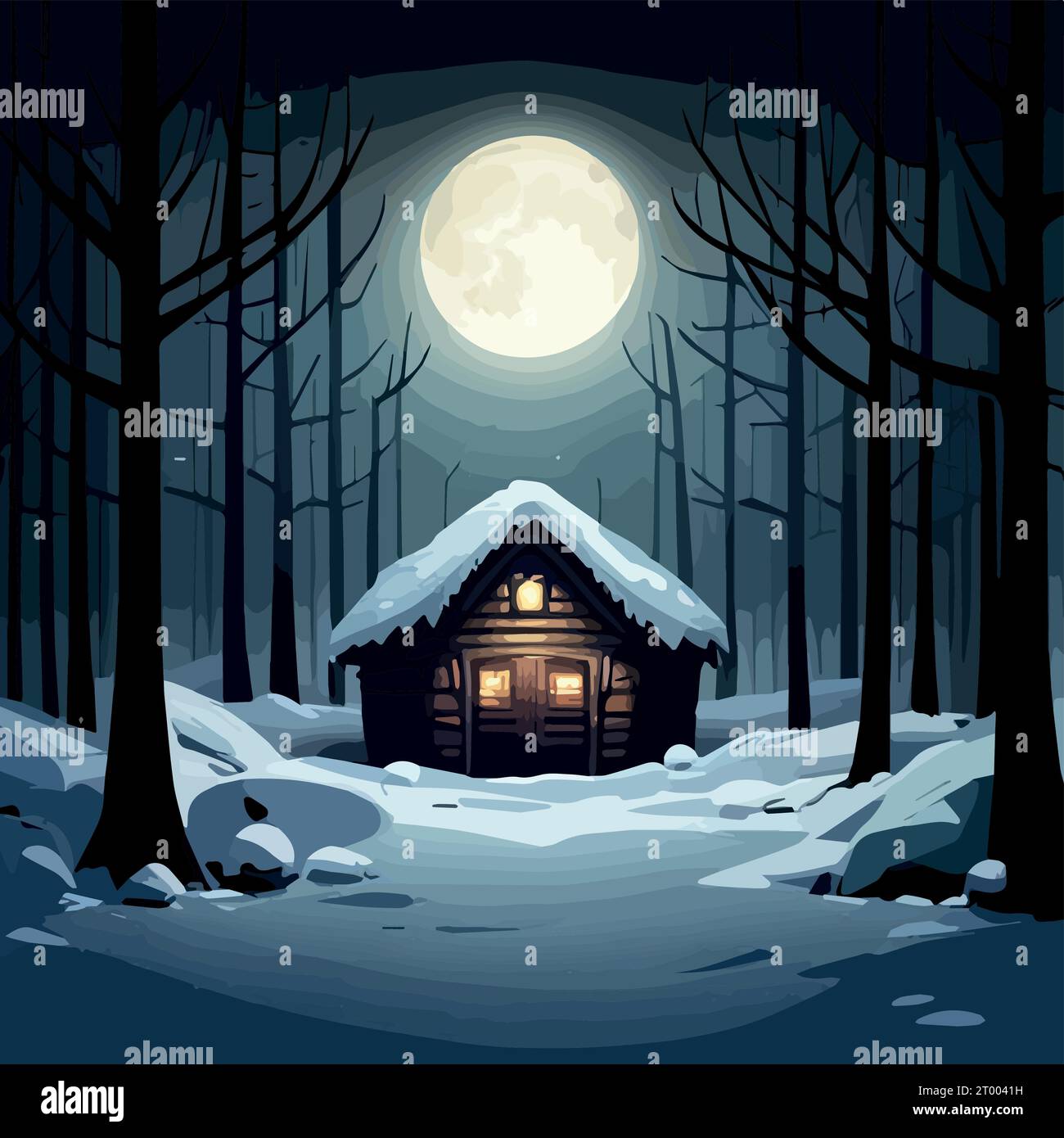 Small wooden hut in fairy dark forest in snowy Around hut on snow trail ...